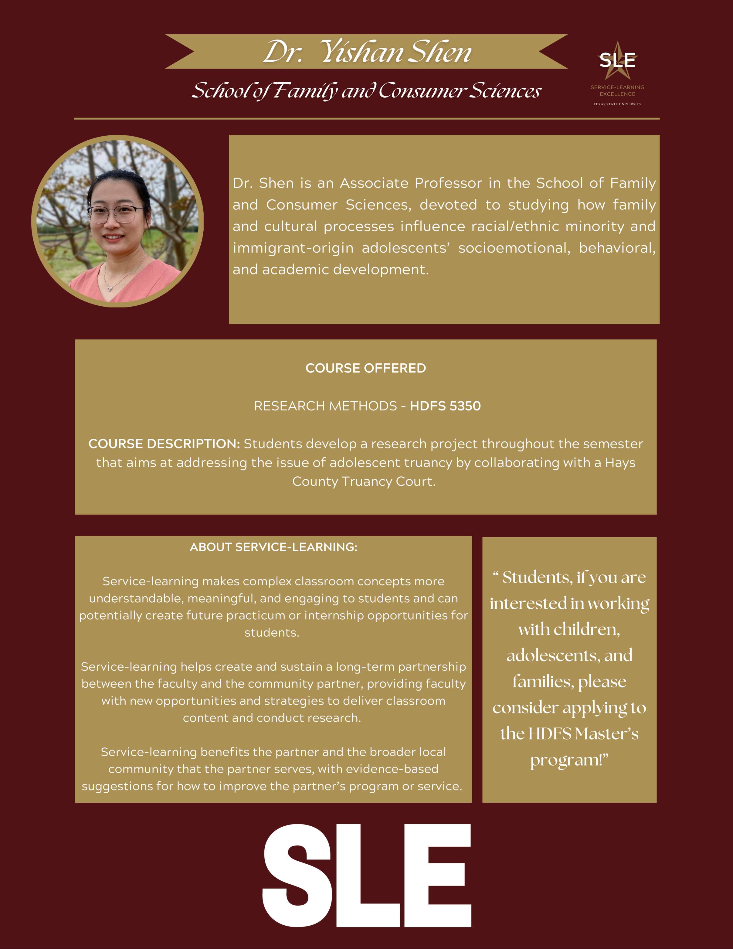 Dr. Yishan Shen : Service-Learning Excellence : Texas State University